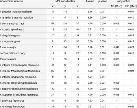 Sex Differences In Fractional Anisotropy Males Females Download Table