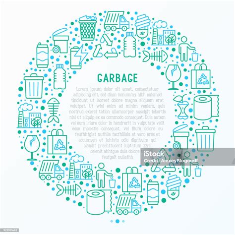 얇은 선 아이콘 원에 쓰레기 개념 쓰레기통 유기 쓰레기 쓰레기 트럭 유리 재활용된 종이 알루미늄 배터리 플라스틱 병 웹 페이지에 대 한 최신 벡터 일러스트입니다 0명에 대한