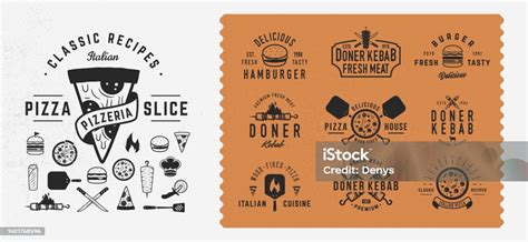 빈티지 패스트 푸드 세트 비스트로 카페 레스토랑 메뉴를위한 10 개의 패스트 푸드 템플릿과 16 개의 디자인 요소 세트 케밥 버거 피자 햄버거 샤워마 엠블럼 벡터 일러스트