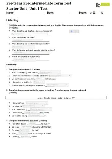 P Teens P Int Test 1 Interactive Worksheet Edform