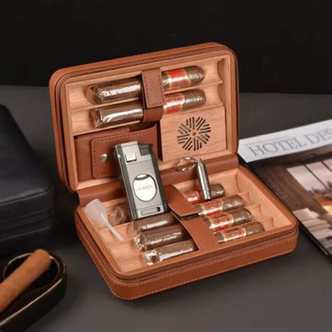 Wholesale Cigar Travel Humidor Cedar Wood Leather Cigar Case With Cigar