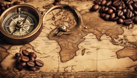 Coffee Beans And Vintage Compass On An Old World Map Trade And Explorer Concept Stock
