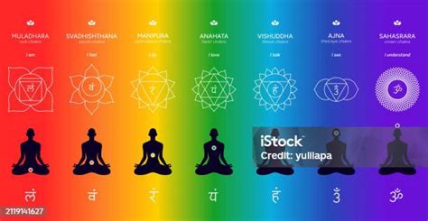 차크라 인포 그래픽 이름 제목 라인 아트 심볼 아이콘 연꽃 자세를 취하고 있는 인체의 실루엣입니다 차크라 시스템 정보 일러스트 Sacred Geometry에 대한 스톡 벡터