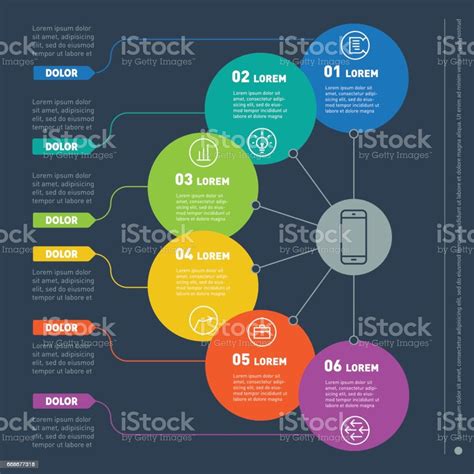 여섯 가지 옵션이 있는 비즈니스 컨셉 정보 차트 다이어그램 또는 프레젠테이션의 웹 템플릿입니다 기술 또는 교육 프로세스의 인포 그래픽 아이콘이 설정 된 보고서의 일부입니다