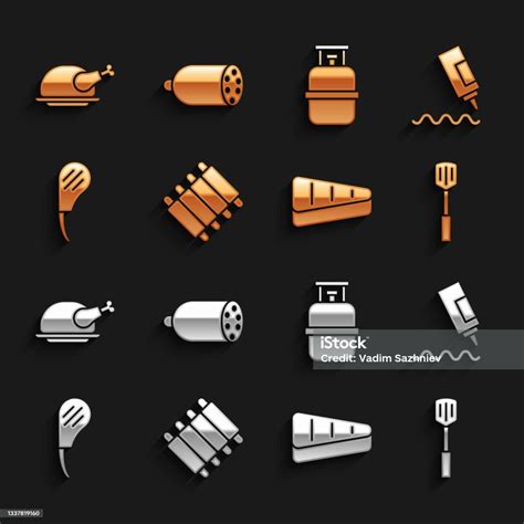 구운 돼지 고기 바베큐 갈비 소스 병 바베큐 주걱 스테이크 고기 립 아이 스테이크 프로판 가스 탱크 구운 칠면조 닭고기와 살라미 소시지 아이콘을 설정합니다 벡터 가연성에