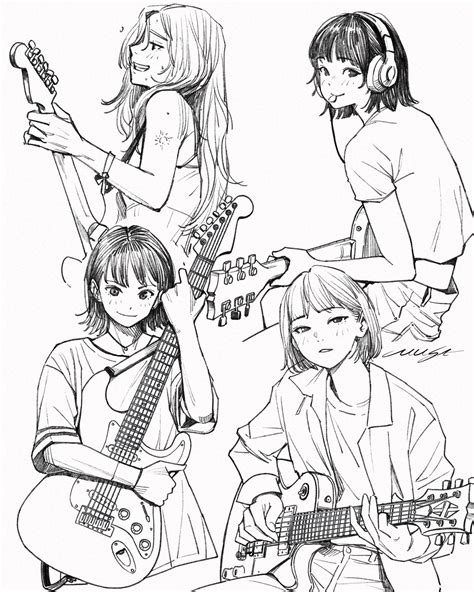 Original Highres 4girls Acoustic Guitar Amplifier Bass Guitar Beamed Eighth Notes Beamed