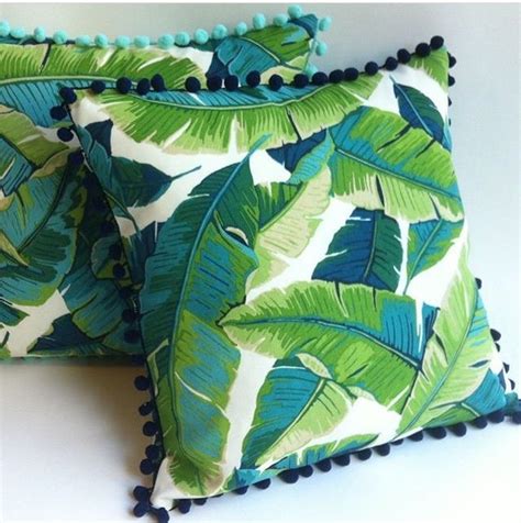 Pom Pom Pillow Cover Tropical Teal Lime And Navy Palm Leaves Pillow