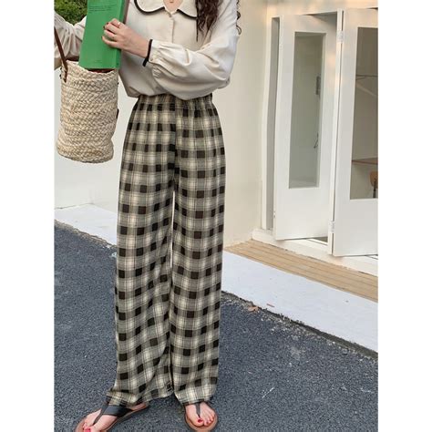 ถูกที่สุด Mub1506 กางเกงลายสก็อต Free Size สไตล์เกาหลี กางเกงขายาวผู้หญิงเอวสูง โอเวอร์ไซต์ทรง