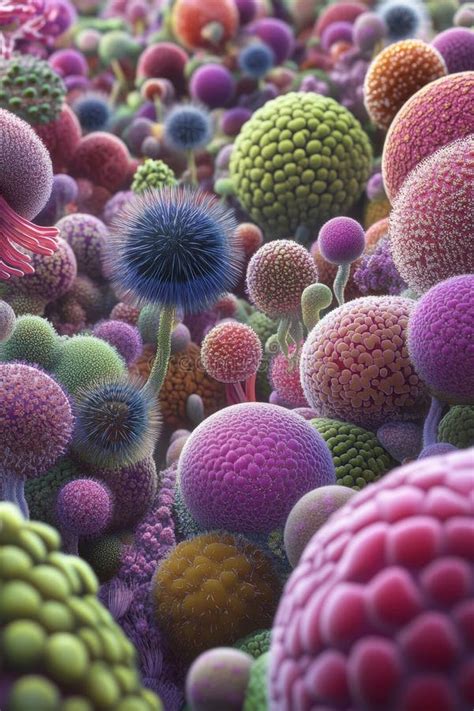 Microscopic Explosion Of Vibrant Cellular Structures Detailed Textures Colorful Lifeforms