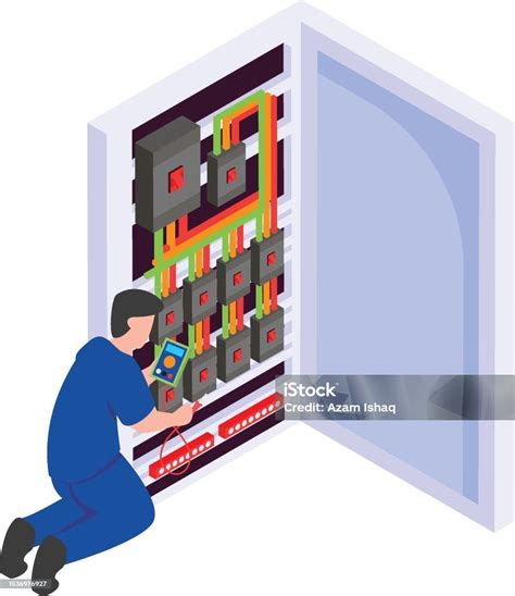 남성 전기 기술자 수리 산업 기계 제어 구성 요소 아이소메트릭 개념 벡터 아이콘 디자인 전기 엔지니어 기호 배선 전문가 기호