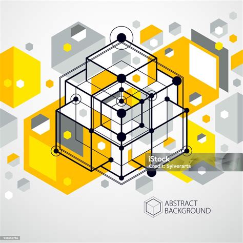 아이소메트릭 추상적인 선형 차원 큐브 모양으로 노란 배경 3d 메쉬 요소 벡터 큐브 육각형 사각형 사각형 및 다른 추상 요소 레이아웃 0명에 대한 스톡 벡터 아트 및 기타