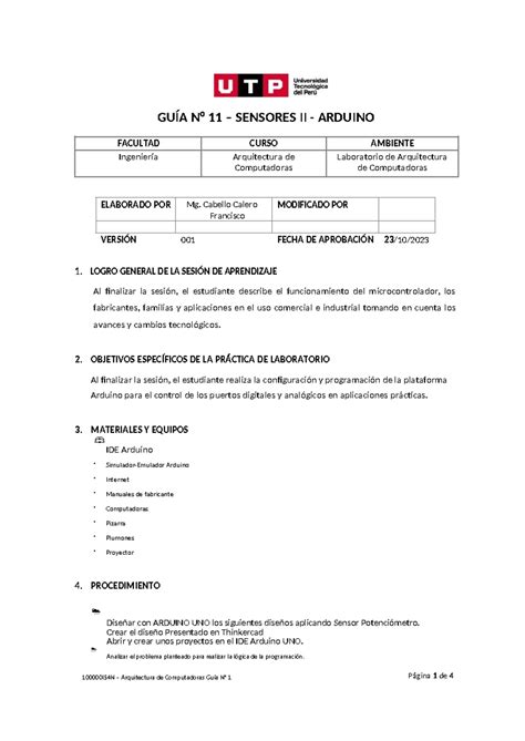 S11 S1 Practica Laboratoriosensores Ii V1 Arduino GuÍa N° 11 Sensores Ii Arduino