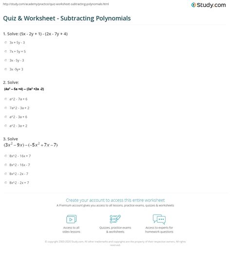 Quiz Worksheet Subtracting Polynomials Study Com