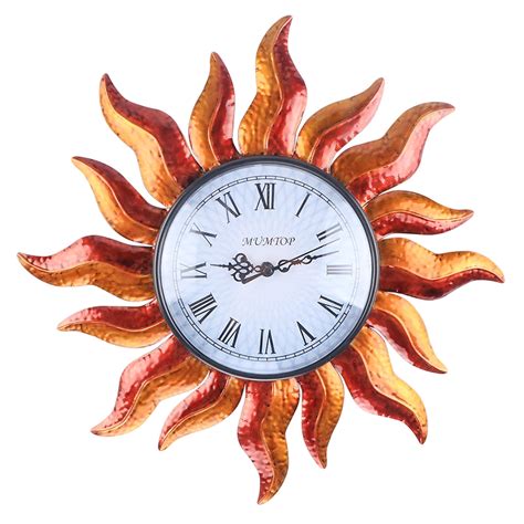 Sun Shaped Metal Outdoor Wall Clock Large Easy To Hang Suitable For Patio And Outside Decor