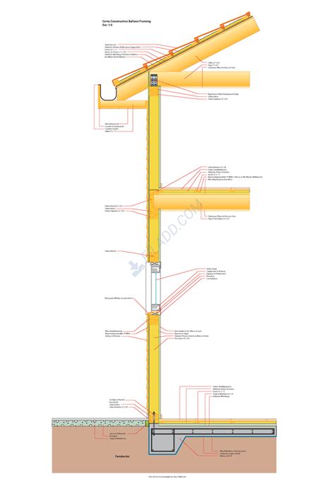 Corte Constructivo Balloon Framing Fundación Solado Multilaminado Aislación Termo Acústica