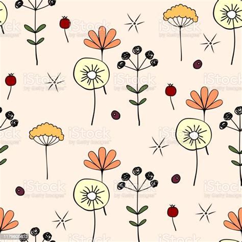 꽃 무음 패턴 다양한 식물 꽃과 열매의 손으로 그린 패턴 라이트 배경의 벡터 패턴입니다 0명에 대한 스톡 벡터 아트 및 기타 이미지 Istock