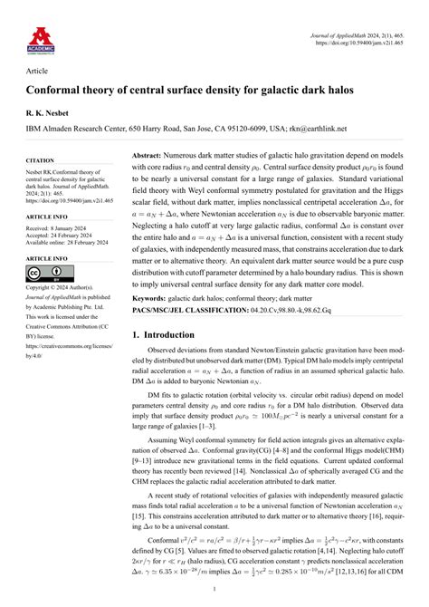 Pdf Conformal Theory Of Central Surface Density For Galactic Dark Halos