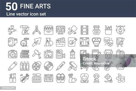 50 개의 미술 아이콘 세트 퀘이버 모델링 연필 카메라 필름 롤 용지 와 같은 얇은 선 아이콘의 윤곽선 0명에 대한 스톡 벡터 아트 및 기타 이미지 Istock