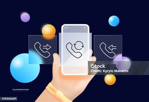 전화 통화 아이콘이 설정되었습니다 스마트폰을 들고 말하는 사람 통신 개념입니다 글래스 모피즘 Ui 전화 앱 화면 비즈니스를 위한