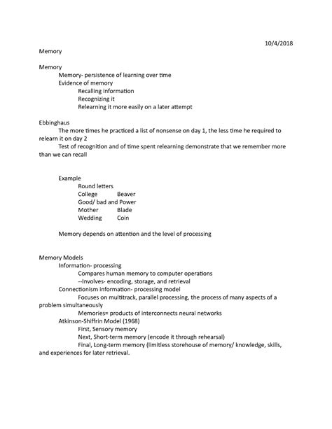 Psych 104 Lecture Notes 104 Memory Memory Memory Persistence Of Learning Over Time