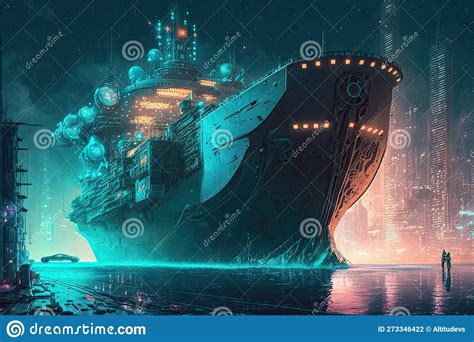 Autonomous Cargo Ship Is Docked At Futuristic Megacity With Vibrant Nightlife And Commerce