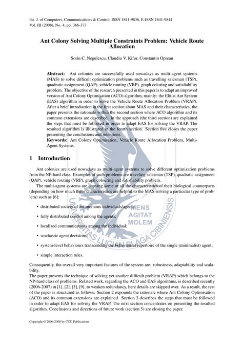 Pdf Ant Colony Solving Multiple Constraints Problem Vehicle Route