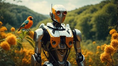Premium Photo Robot In Nature Interacting With Bird