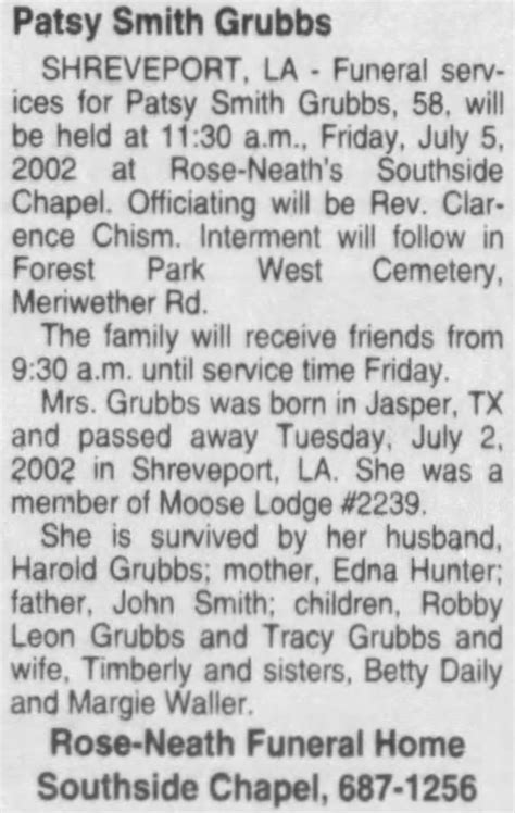 Patsy Ann Smith Grubbs Obituary The Times Shreveport Louisiana