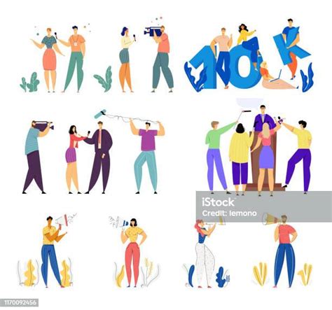 소셜 미디어 직업의 집합입니다 남성 및 여성 캐릭터 기자 기자 보도 및 유명 인사와의 인터뷰 마케팅 그룹 발표 10k 계정 추종자 만화 플랫 벡터 일러스트 10에 대한 스톡