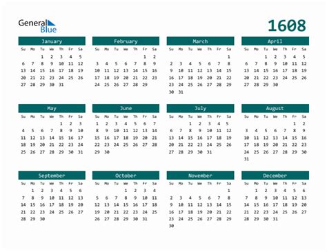1608 Full Year Calendar