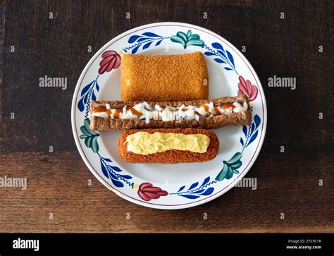 Traditional Dutch Fast Food Snacks Kaassouffle Frikandel Speciaal And