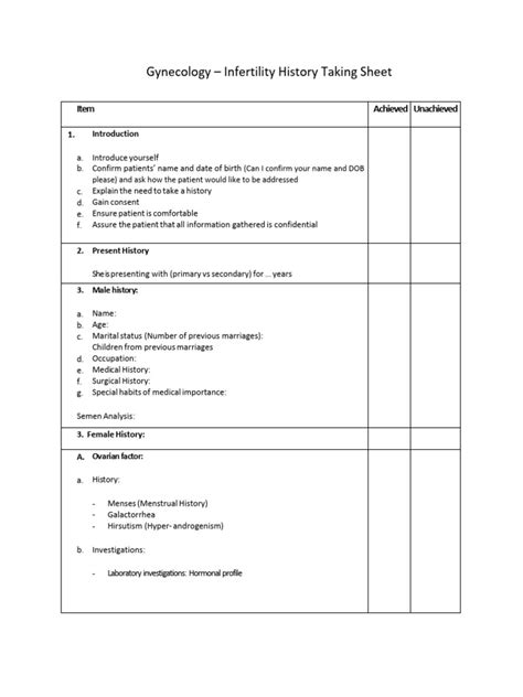 Infertility History Taking Sheet Pdf