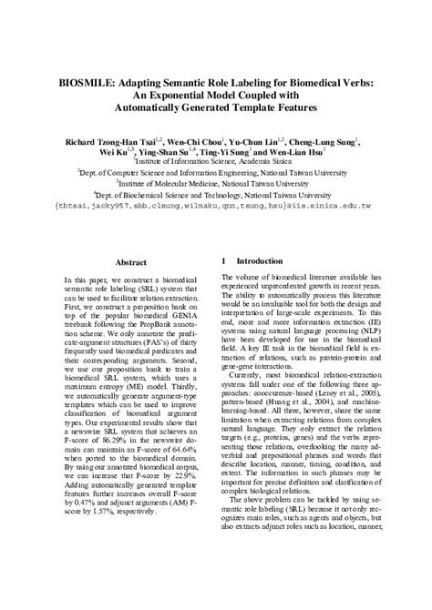 Pdf Biosmile Adapting Semantic Role Labeling For Biomedical Verbs