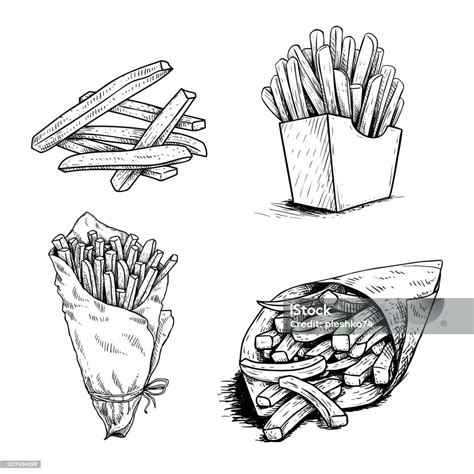 감자 튀김 세트 길거리 패스트 푸드의 손으로 그린 스케치 스타일 일러스트 공예 용지에 감자 튀김 종이 상자 와 감자의 무리 패키지 및 레스토랑 메뉴에 최적 벡터 그림입니다
