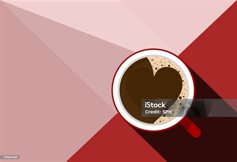 하트 탑 뷰가 있는 에스프레소 커피 레드 컵 하드 라이트 그래픽 핑크 레드 컬러풀 한 배경 포스터 플랫 벡터 일러스트레이션 갈색에 대한 스톡 벡터 아트 및 기타 이미지