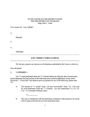 Fillable Online Cod Uscourts Judge Kane Jury Verdict Form District Of Colorado Cod Uscourts