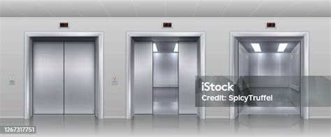 1911m30i030n020pc251484835944 현실적인 엘리베이터 승객 과화물 리프트 또는 표시기의 폐쇄 및 반 폐쇄 금속 객실 문 금속 도어가 있는 벡터 내부