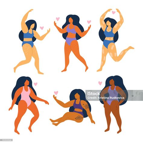 수영복에 추상여성의 세트 플러스 크기 소녀 다른 인종과 국적 튼살에 대한 스톡 벡터 아트 및 기타 이미지 튼살 여름 몸 긍정주의 Istock