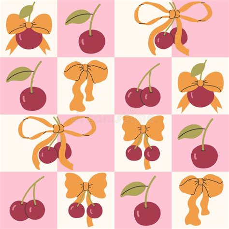 Geometric Vintage Pattern Of Cherries And Hand Drawn Bows Stock