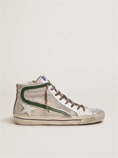 Slide Ltd Sneakers In Leather And Mesh With Green Flash Golden Goose