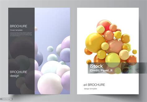 브로셔 전단지 레이아웃 소책자 커버 디자인 책 디자인 브로셔 커버용 A4 커버 모형 템플릿의 벡터 레이아웃 여러 가지 빛깔의 3d 구 거품 공을 가진 현실적인 벡터 배경 0