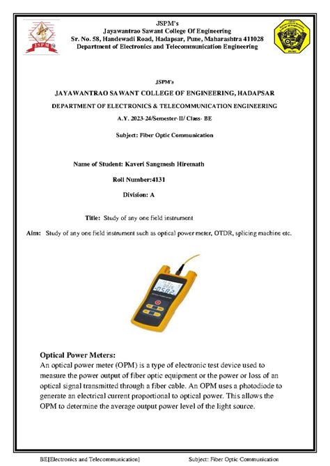 Fiber Optic Communication 2019 Practicle Jayawantrao Sawant College