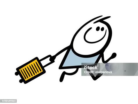 만족한 관광객은 공항에서 여행 가방을 들고 휴식을 취합니다 기차역에서 Stickman의 벡터 그림은 휴가에 기차에 간다 공항에