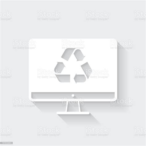 재활용 기호가 있는 데스크톱 컴퓨터입니다 빈 배경에 긴 그림자아이콘 플랫 디자인 3차원 형태에 대한 스톡 벡터 아트 및 기타