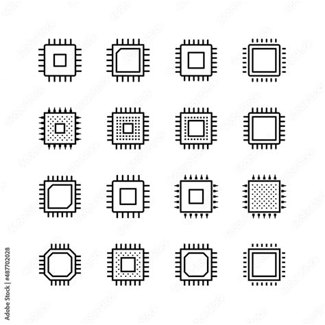 CPU Line Icon Set Central Processing Unit Outline Icon In Flat Design Style Processor Linear