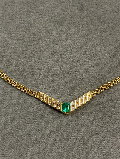 14k Yellow Gold Vintage Emerald And Diamond Necklace Etsy