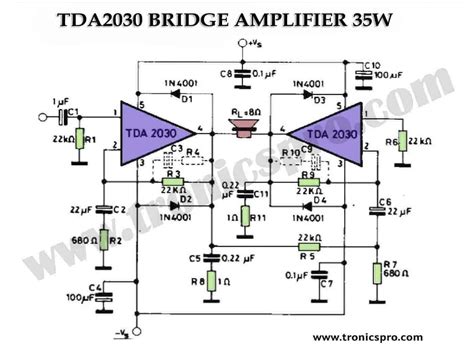 TDA2030 Bridge Amplifier 35W Circuit Diagram TRONICSpro