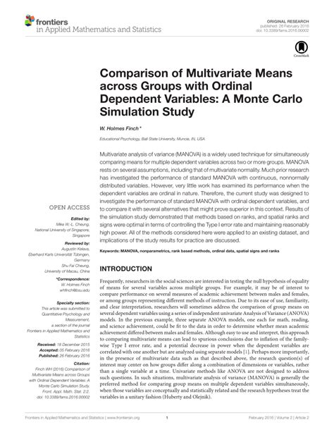 Pdf Comparison Of Multivariate Means Across Groups With Ordinal Dependent Variables A Monte