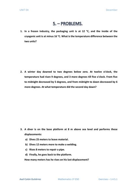 1 Eso Unit 04 Exercises 145 Integer Problems Pdf