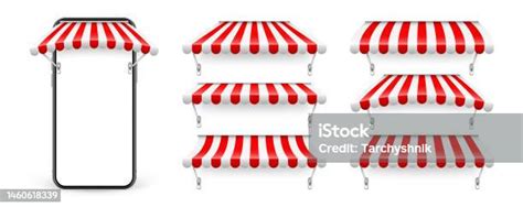 상점 차양과 금속 마운트가 있는 스마트폰 온라인 인터넷 쇼핑 현실적인 빨간 줄무늬 카페 천막 야외 시장 텐트 지붕 캐노피 여름 거리 상점 벡터 그림 태양 하늘에 대한 스톡